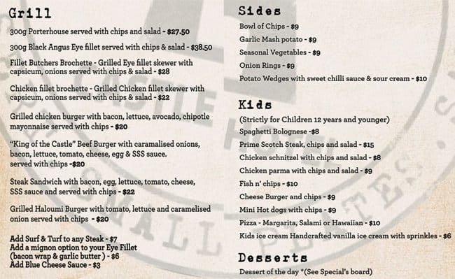 Menu at The Castle Hotel restaurant, North Melbourne