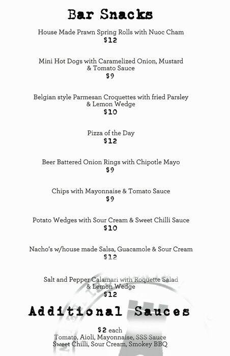 Menu at The Castle Hotel restaurant, North Melbourne