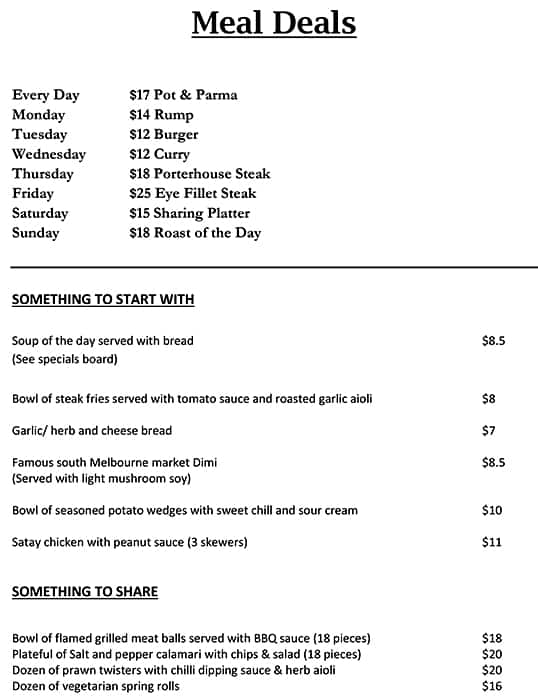 Menu at Bay & Bridge Hotel restaurant, Port Melbourne