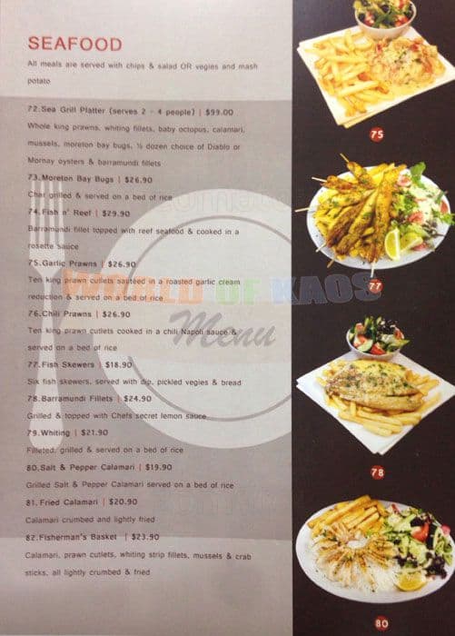 Menu at World of Kaos restaurant, Coolaroo, 3/2-10 Reservoir Dr