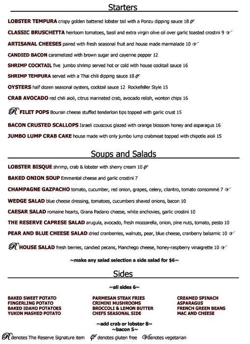 Menu at The Reserve steakhouse, Joliet, 151 N Joliet St