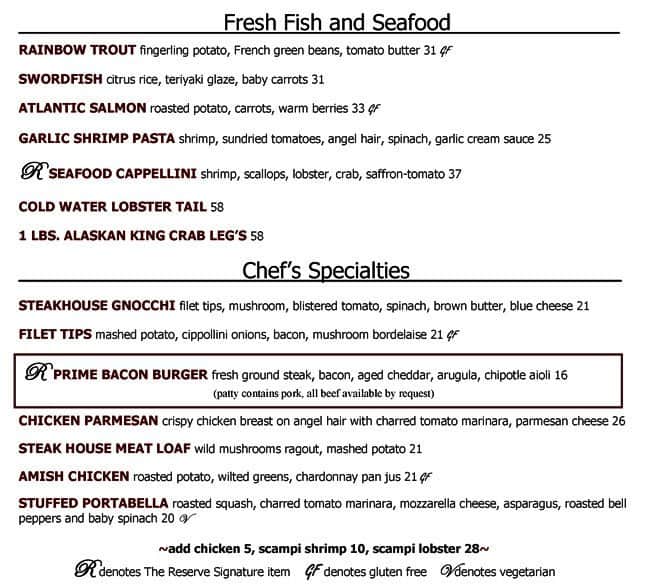 Menu at The Reserve steakhouse, Joliet, 151 N Joliet St