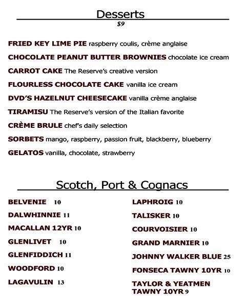 Menu at The Reserve steakhouse, Joliet, 151 N Joliet St