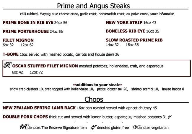 Menu at The Reserve steakhouse, Joliet, 151 N Joliet St