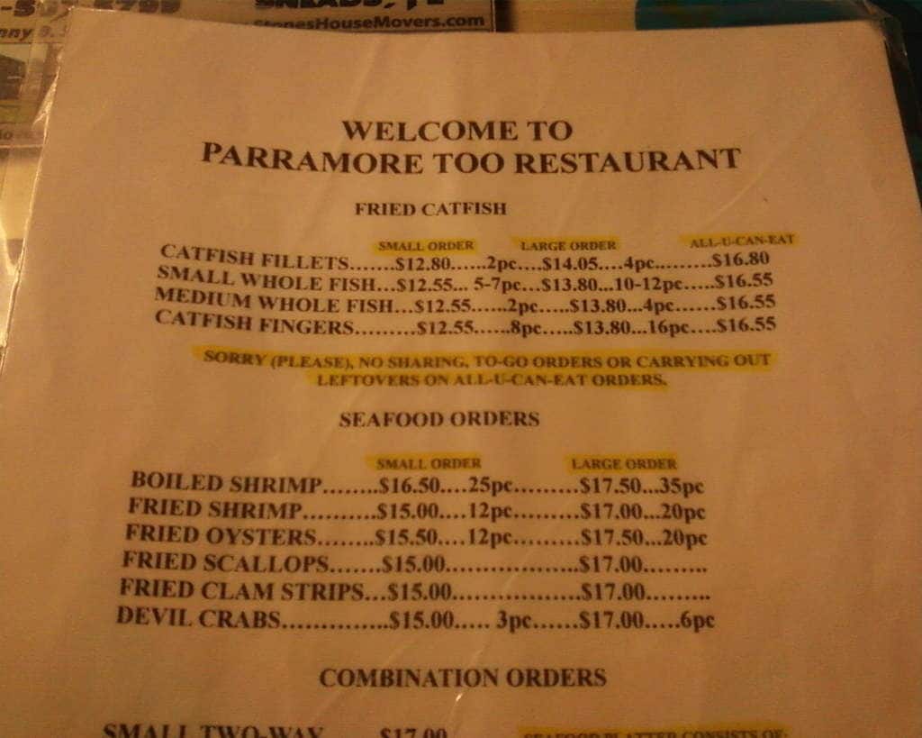 Menu at Parramores Too restaurant, Blountstown