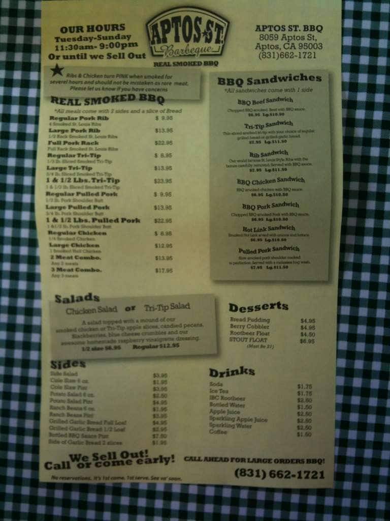 Menu at Aptos St. BBQ, Aptos