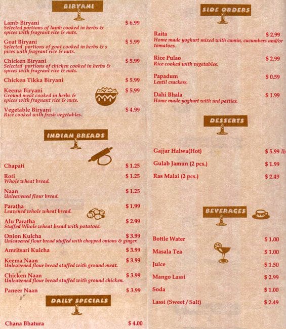 Menu at Minar Fine Indian Cuisine restaurant, Brampton