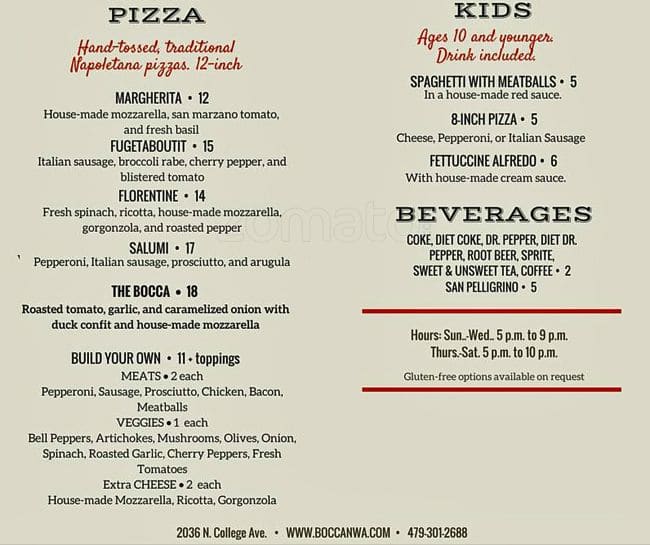 Menu at Bocca Italian eatery & pizzeria, Fayetteville