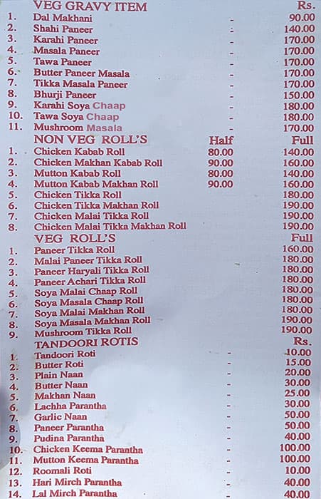 Menu at GROVER DA DHABA, New Delhi