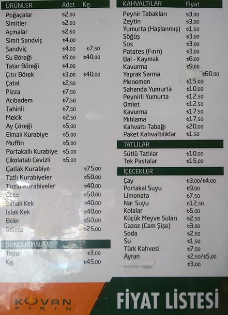 Menu at Kovan Fırın, Istanbul, Halaskargazi Cd. 92/A