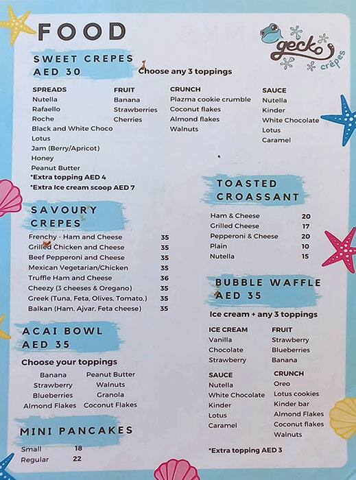 Menu of Gecko Cafeteria, Umm Suqeim, Dubai