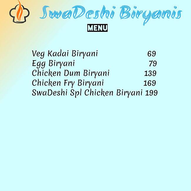 Menu at SwaDeshi Biryanis, Hyderabad