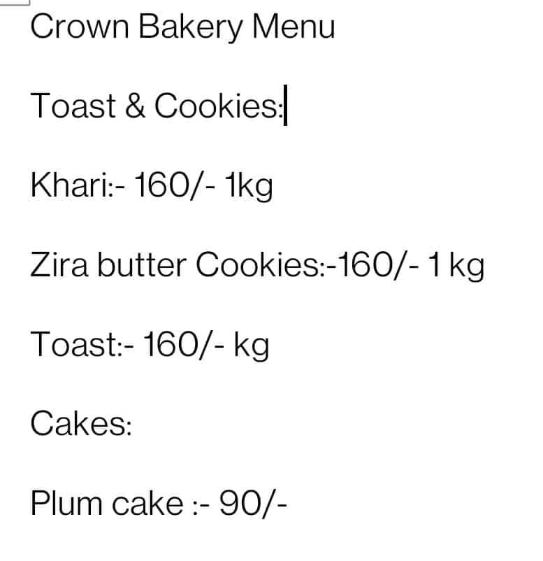 Menu of Crown Bakery, Pimpri, Pune