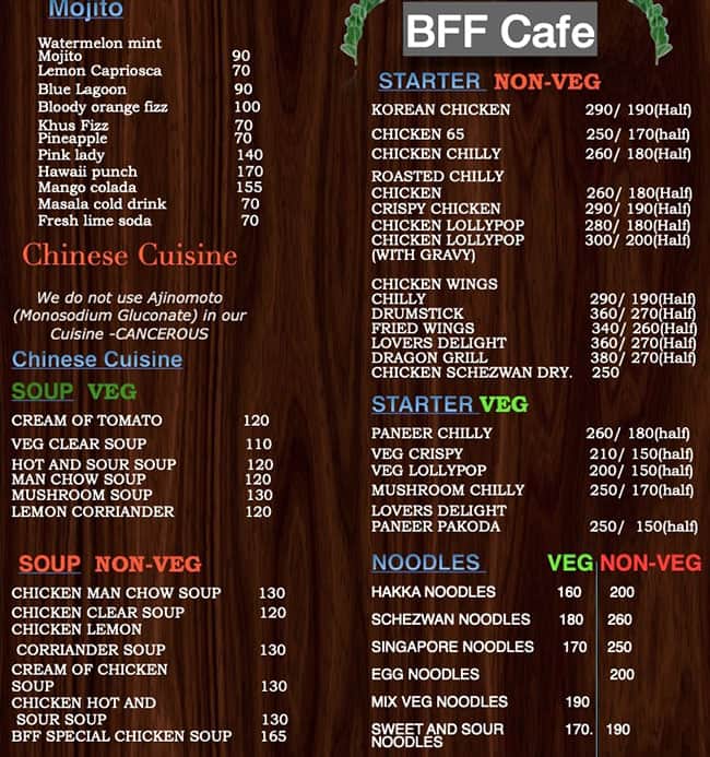 Menu at BFF Cafe, Mumbai