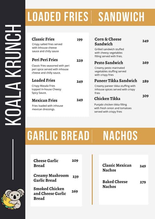 Menu of Koala Krunch, Karkardooma, New Delhi