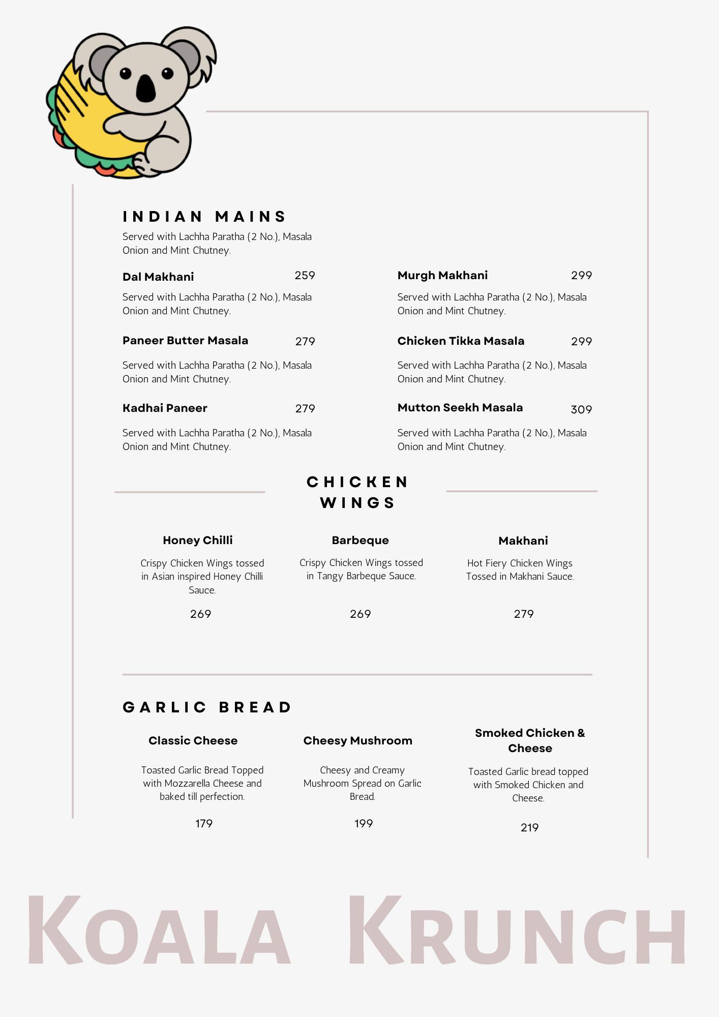 Menu at Koala Krunch, New Delhi