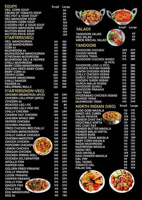 Menu of Raos MRCB, Hafeezpet, Hyderabad