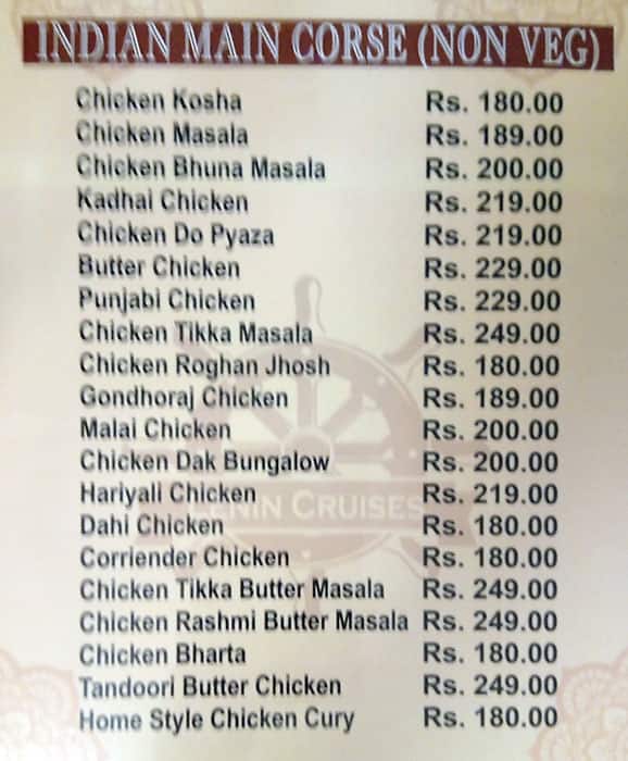 Menu of Floating Restaurant, Fort William Area, Kolkata