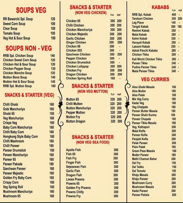 Menu of RR Bawarchi, Medipally, Hyderabad