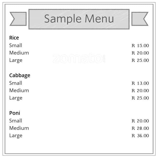 Menu at Shayona restaurant, Johannesburg