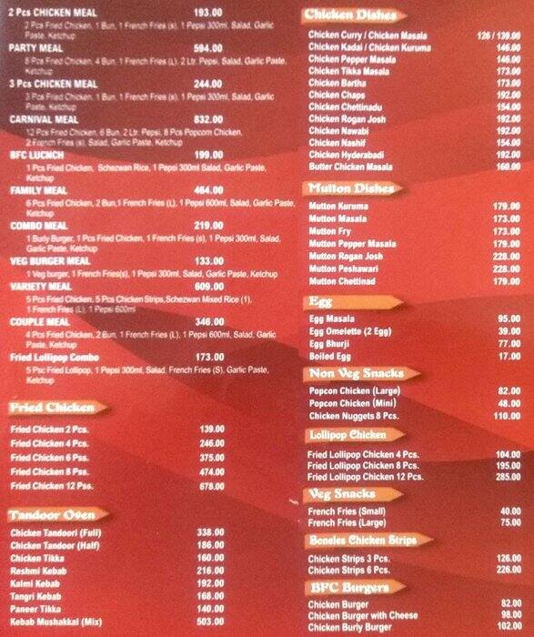 BFC Menu, Menu for BFC, Egmore, Chennai - Zomato