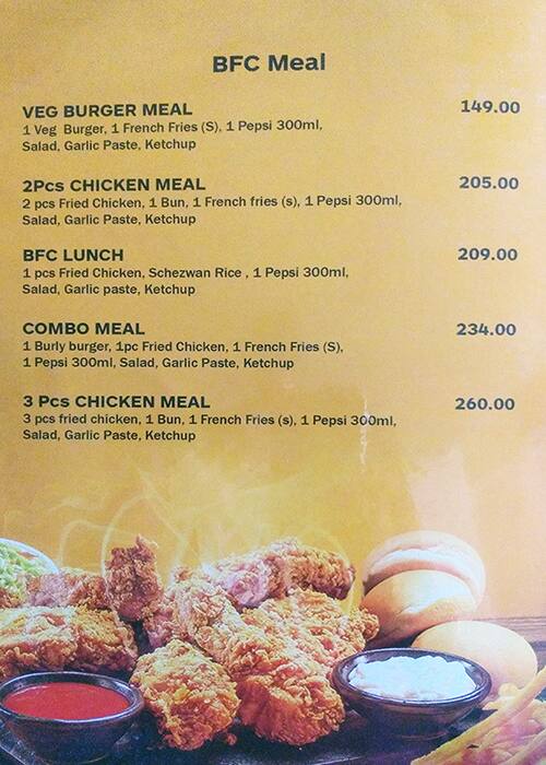 Menu at BFC Restaurant(Fried chicken,Burgers,Milkshake.Faloodha ...