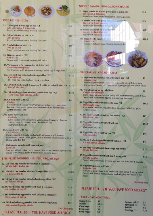 Menu at Saigon Taste restaurant, Wellington
