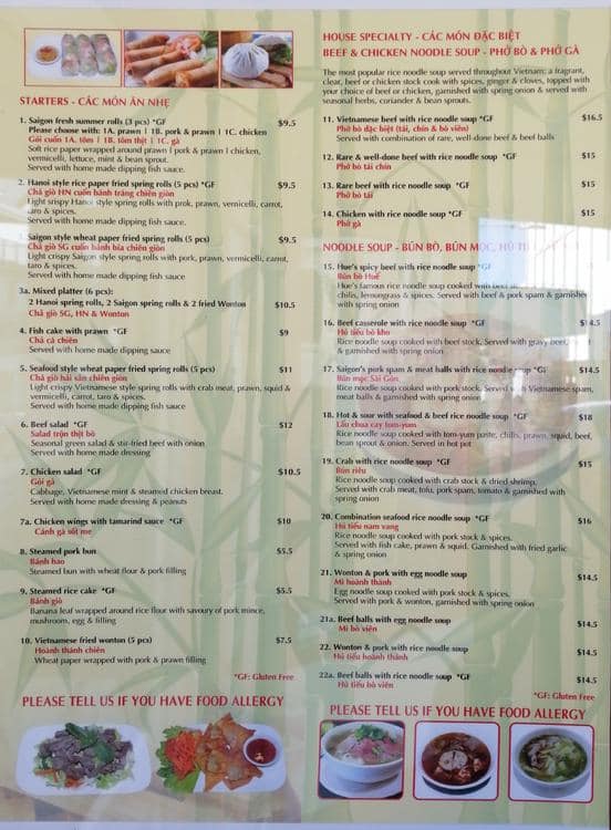 Menu at Saigon Taste restaurant, Wellington
