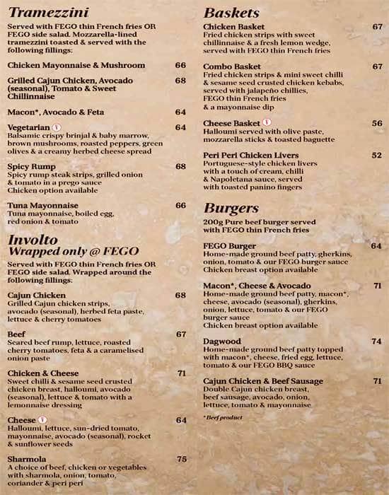 Menu au Fego Caffe café, Ballito, King Shaka International Airpoprt