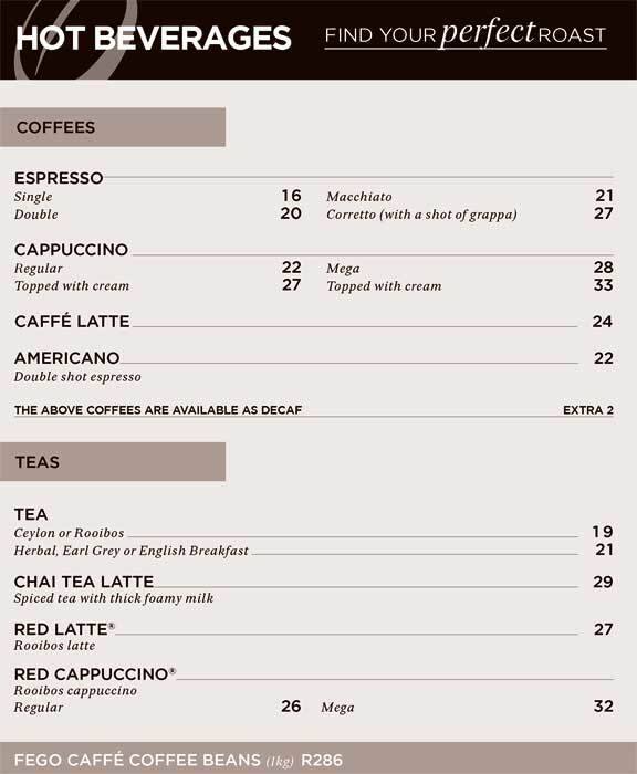 Menu au Fego Caffe café, Ballito, King Shaka International Airpoprt