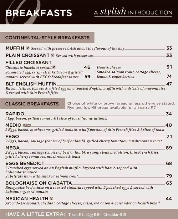 Menu au Fego Caffe café, Ballito, King Shaka International Airpoprt