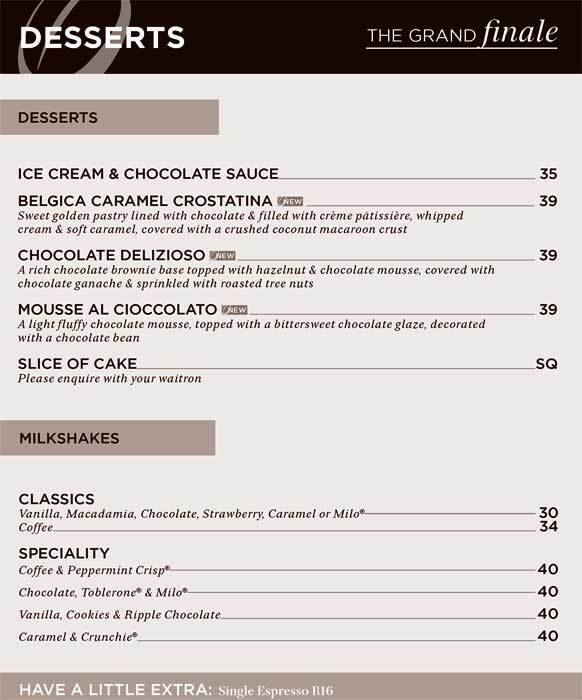 Menu au Fego Caffe café, Ballito, King Shaka International Airpoprt