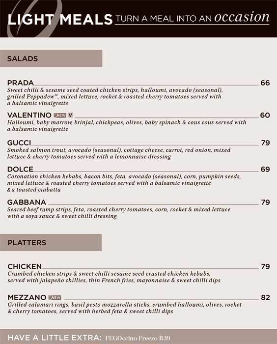 Menu au Fego Caffe café, Ballito, King Shaka International Airpoprt