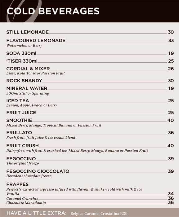 Menu au Fego Caffe café, Ballito, King Shaka International Airpoprt