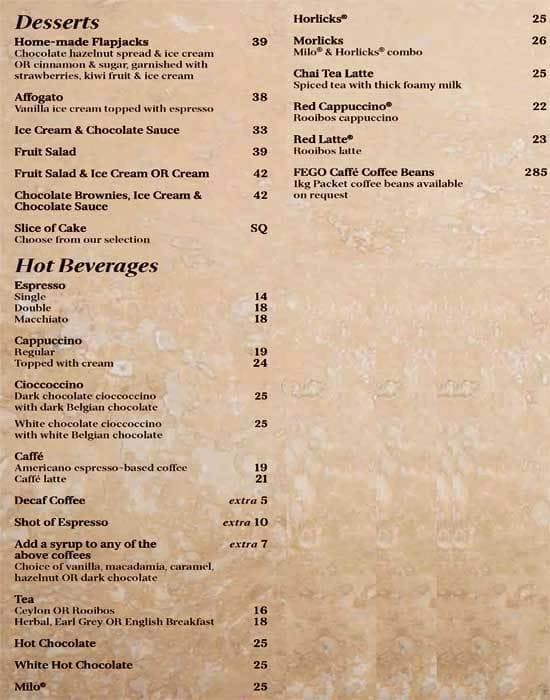 Menu au Fego Caffe café, Ballito, King Shaka International Airpoprt