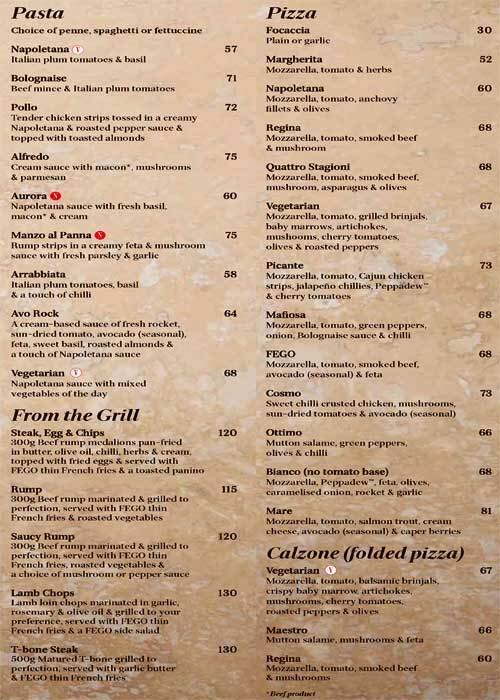 Menu au Fego Caffe café, Ballito, King Shaka International Airpoprt