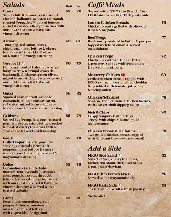 Menu au Fego Caffe café, Ballito, King Shaka International Airpoprt