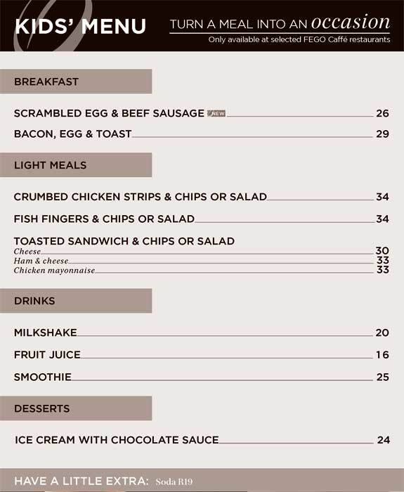 Menu au Fego Caffe café, Ballito, King Shaka International Airpoprt