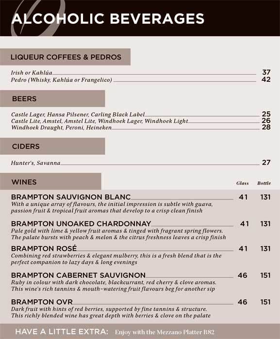 Menu au Fego Caffe café, Ballito, King Shaka International Airpoprt