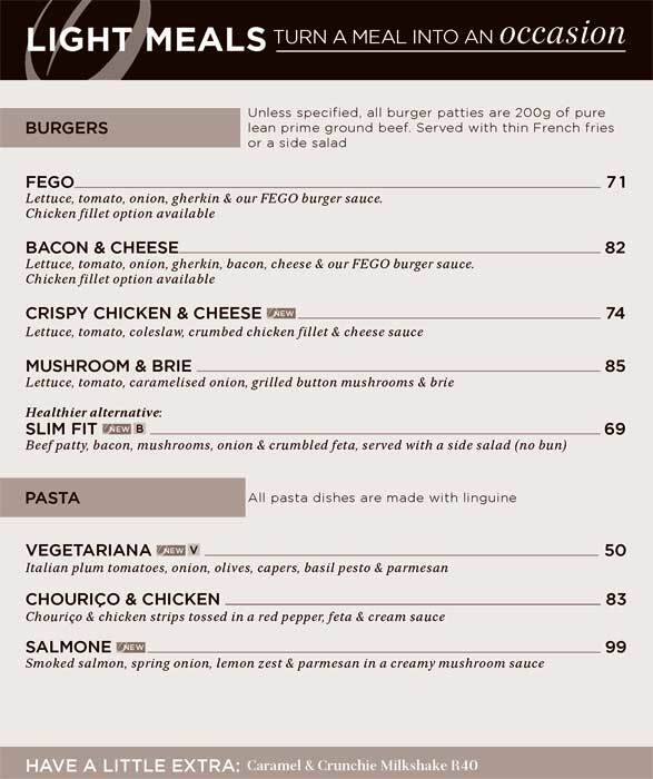 Menu au Fego Caffe café, Ballito, King Shaka International Airpoprt