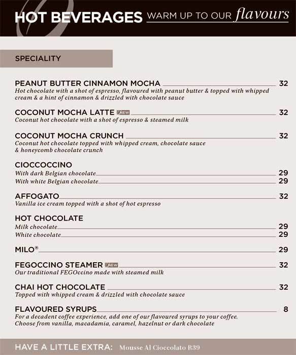 Menu au Fego Caffe café, Ballito, King Shaka International Airpoprt