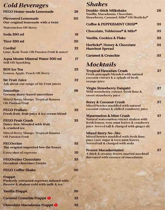Menu au Fego Caffe café, Ballito, King Shaka International Airpoprt