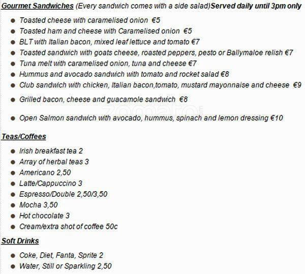 Menu at Bach 16 pub & bar, Dublin