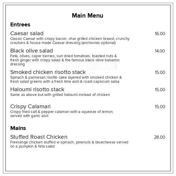 Menu at The Black Olive pizzeria, Kerikeri