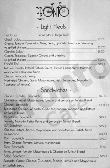 Carta de Pronto Cafe, Surry Hills, Shop 2