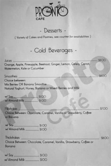 Carta de Pronto Cafe, Surry Hills, Shop 2