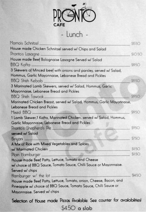 Carta de Pronto Cafe, Surry Hills, Shop 2
