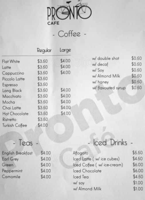Carta de Pronto Cafe, Surry Hills, Shop 2