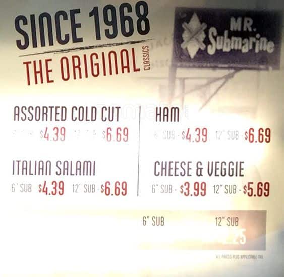 Menu at Mr. Sub restaurant, Mississauga, Derry Rd E