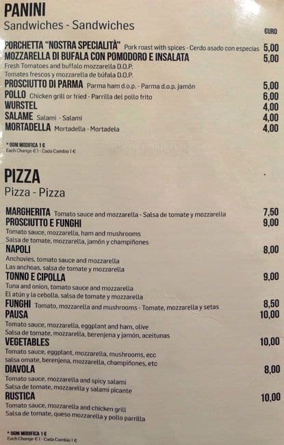 Menu at Pausa Caffè-Lounge restaurant, Rome